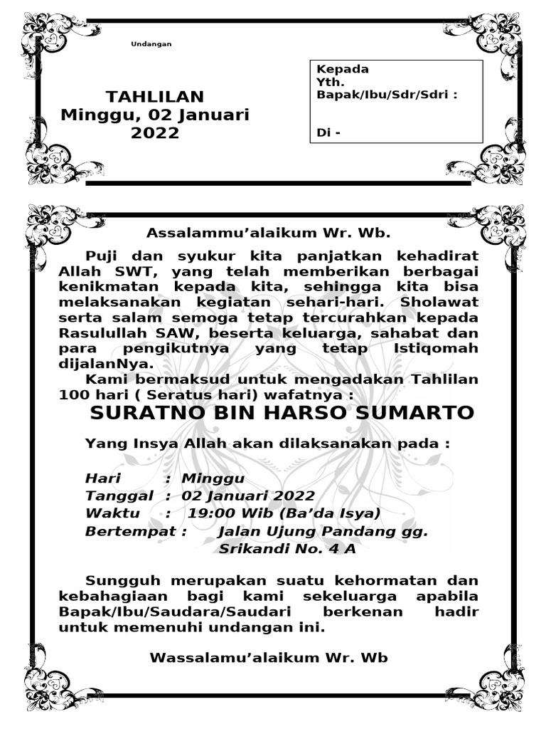 Undangan Tahlilan 100 Hari Suratno | PDF