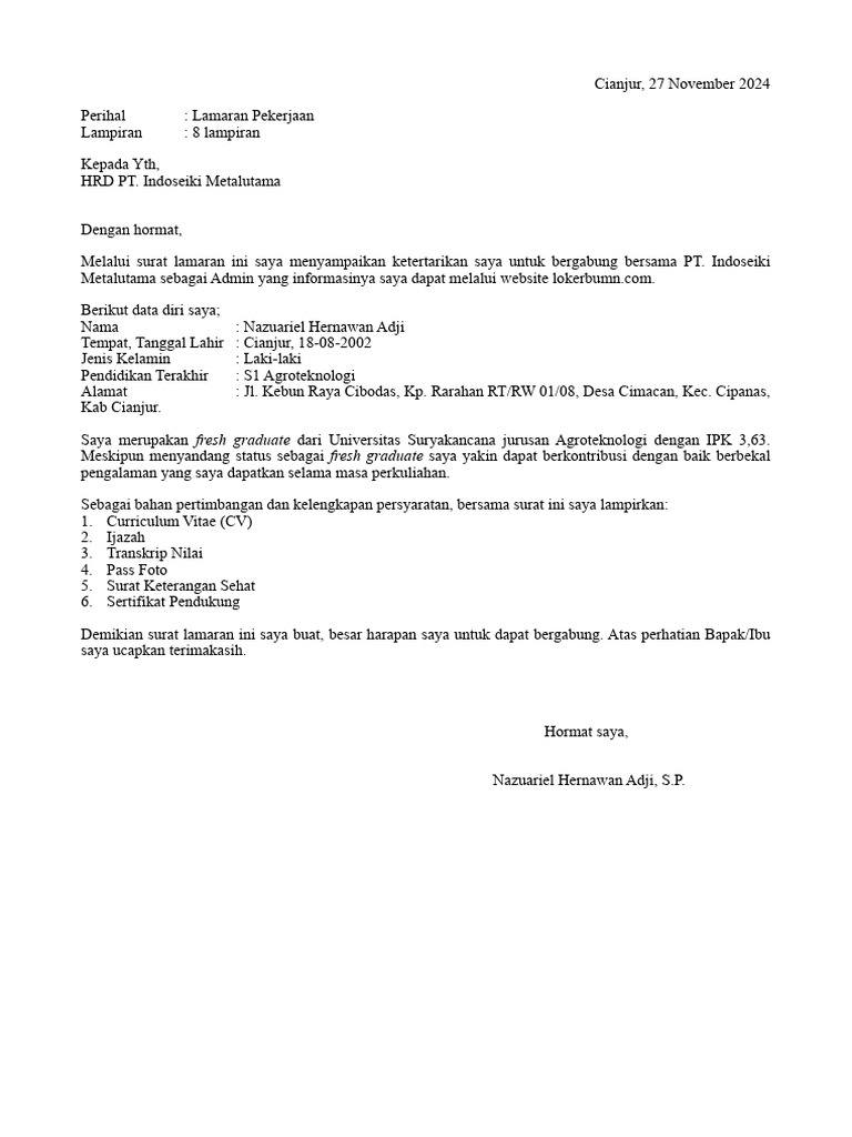 Surat Lamaran - Admin1 | PDF