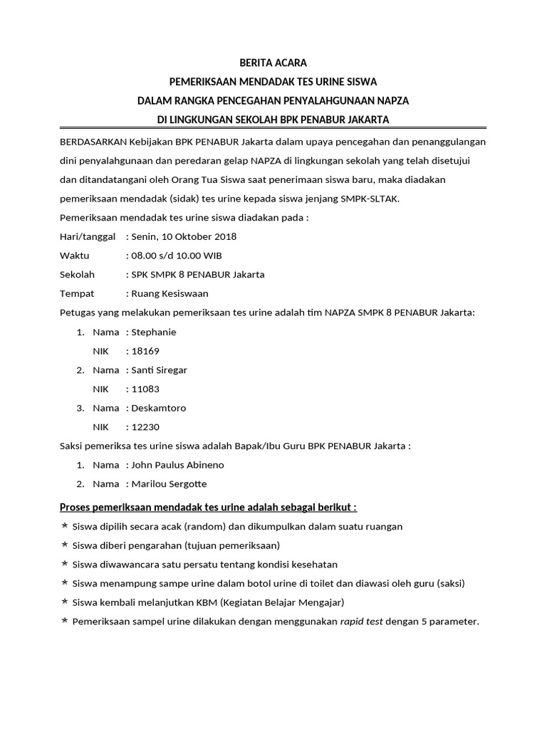 FORMAT BERITA ACARA Sidak-Urine-SMP | PDF