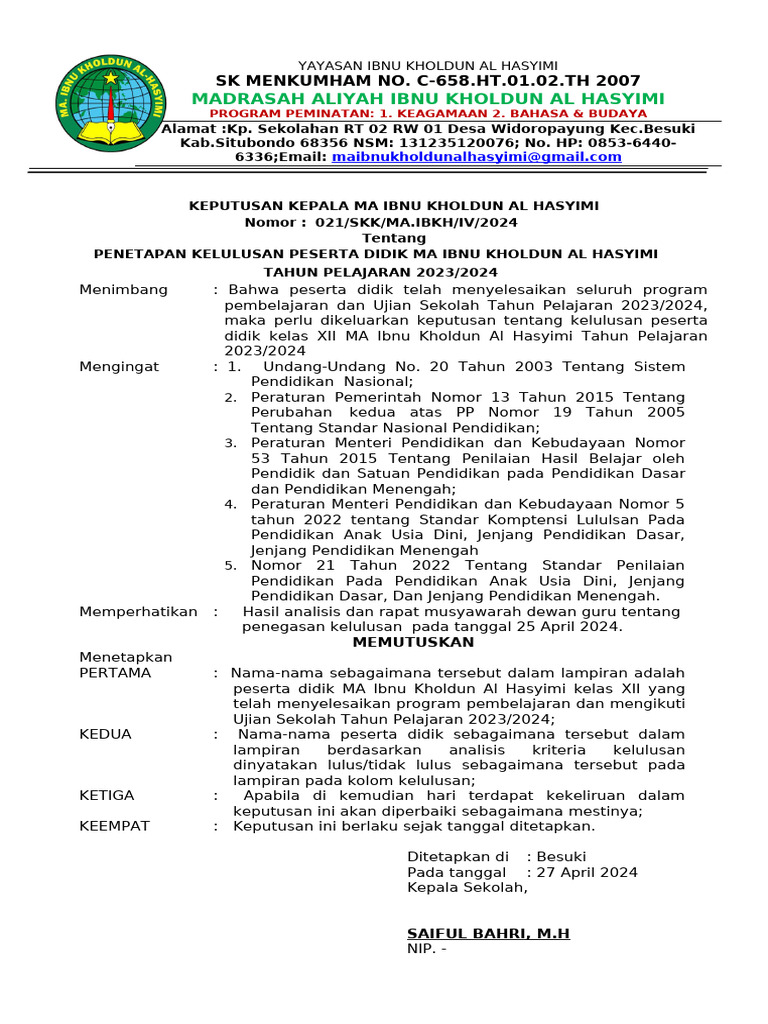 SK KEPSEK MA KELULUSAN 2023-2024 PAKAI | PDF