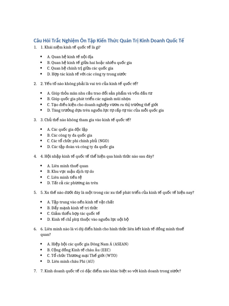 Cau Hoi Trac Nghiem Quan Tri Kinh Doanh Quoc Te | PDF
