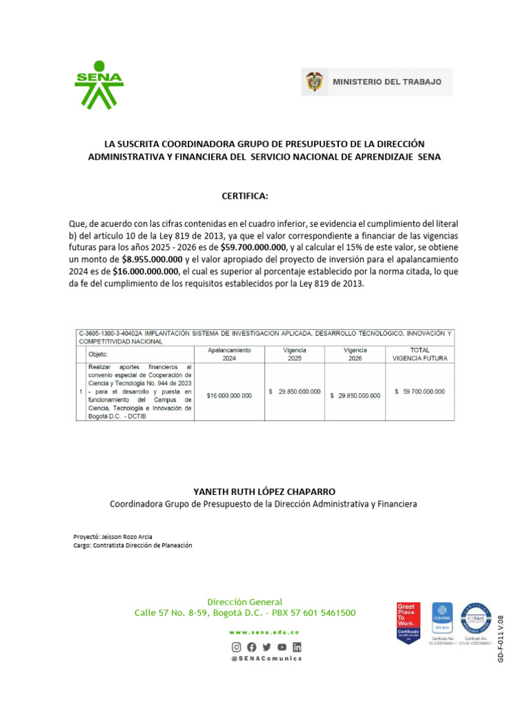 Certificacion Ley 819 | PDF
