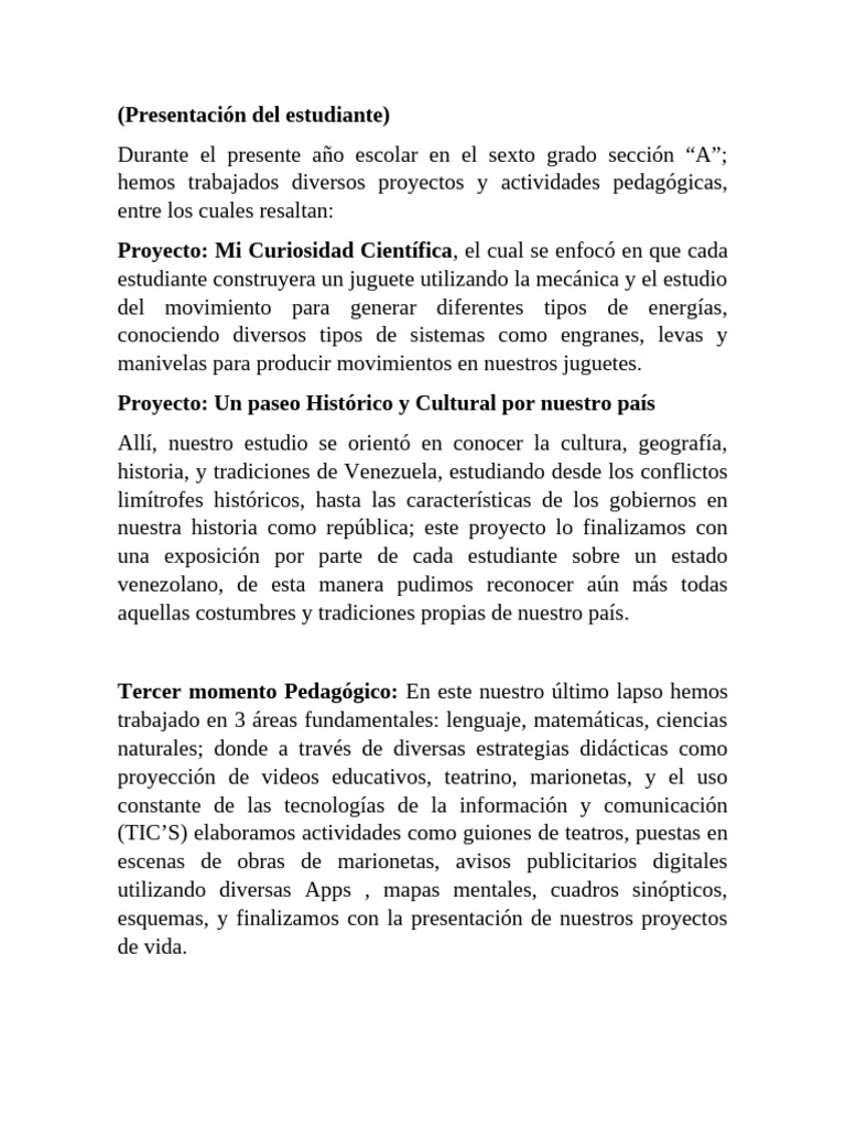 Presentación Del Estudiante | PDF