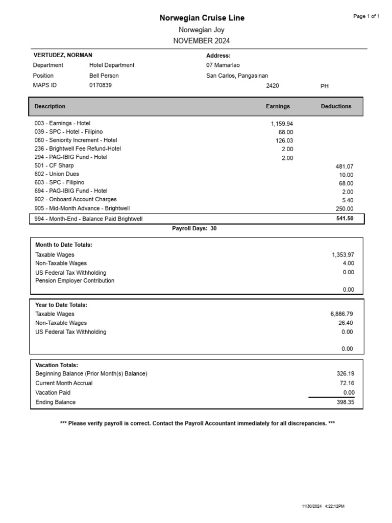 2024.11.01 Mthly Summary | PDF | Payroll | Payroll Tax