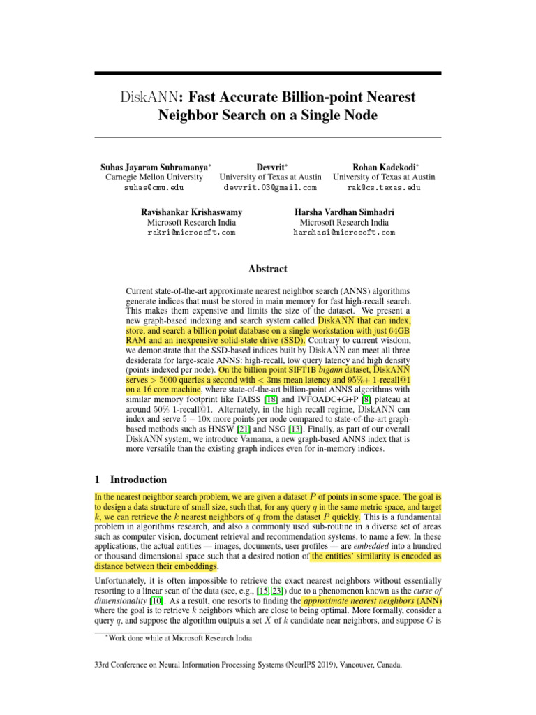 NeurIPS 2019 Diskann Fast Accurate Billion Point Nearest Neighbor Search On A Single Node Paper ...