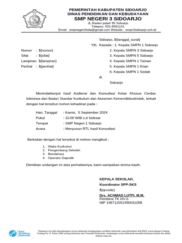 Undangan Koordinasi Kepala Sekolah Spp-Sks 5 September 2024 | PDF