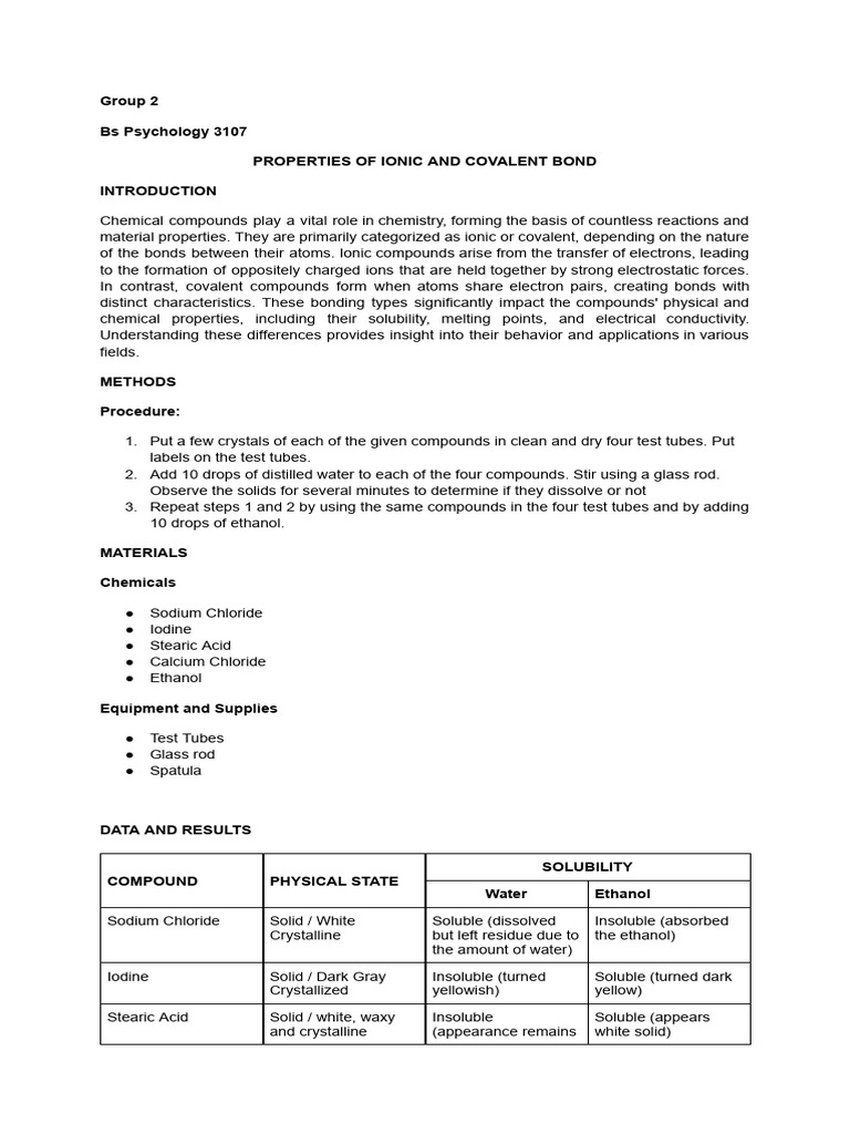 Ionic vs Covalent Bond Properties | PDF | Solubility | Chemical Compounds