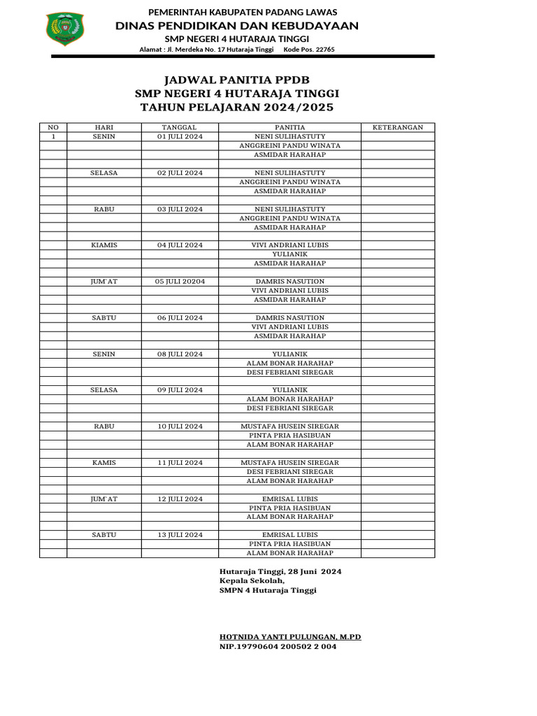 Jadwal PPDB SMPN 4 Hutaraja Tinggi 2024 | PDF