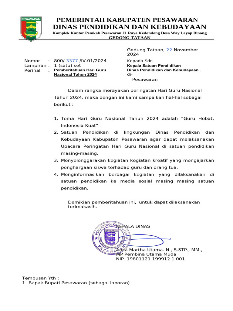 Surat Edaran HGN 2024 Pesawaran | PDF