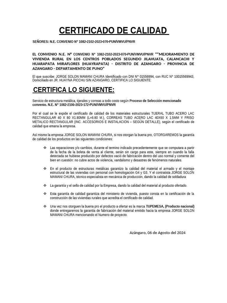 Certificado de Calidad de Estructuras Metálicas | PDF