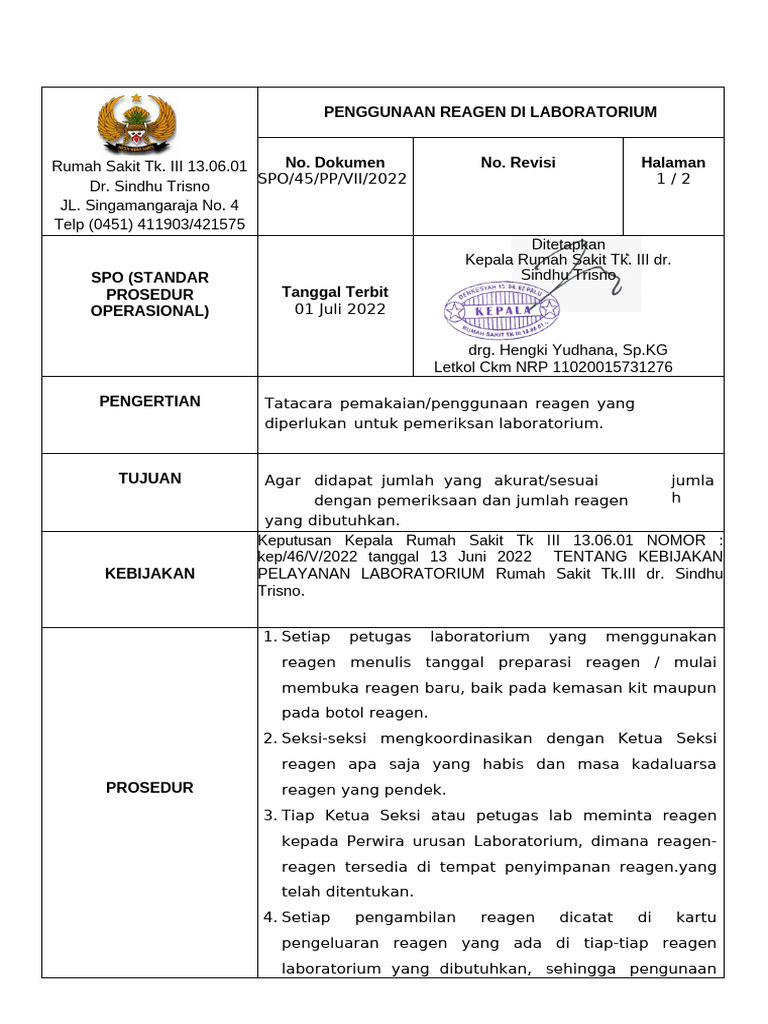 Prosedur Penggunaan Reagen Laboratorium | PDF