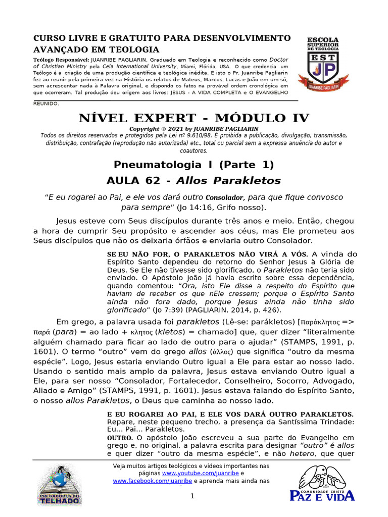 EXPERT 2021 - MÓD IV - AULA 62 - Pneumatologia I - Allos Parakletos ...