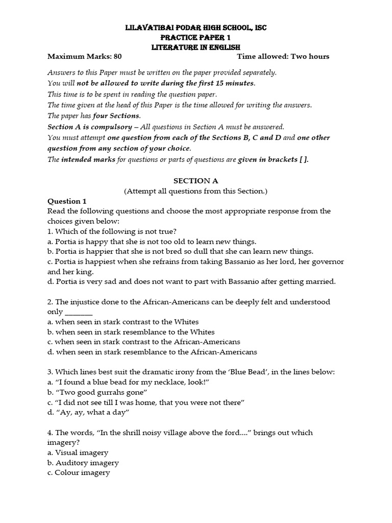 ISC Literature Practice Paper 1 | PDF | The Merchant Of Venice