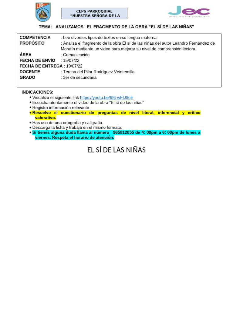 Tema 2 El Si de Las Ninas | PDF | Comprensión lectora