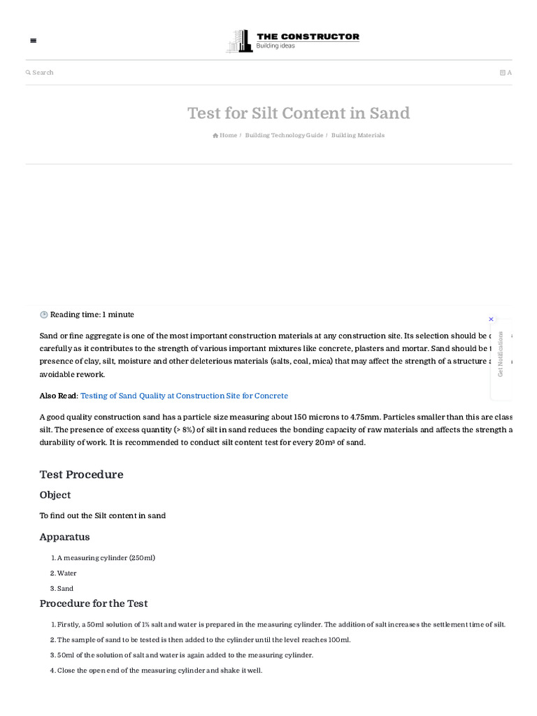 Silt Content Test for Construction Sand | PDF | Silt | Sand