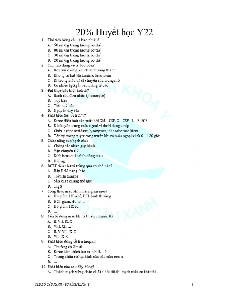 20% Huyết học Y22 | PDF