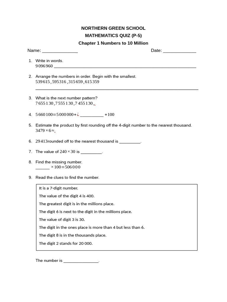 Maths Quiz P5 (Numbers To 10 Million) | PDF