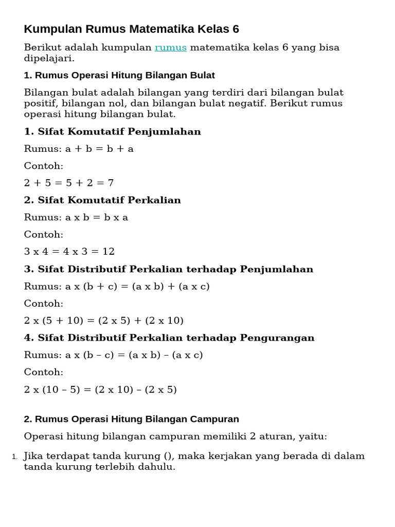 Kumpulan Rumus Matematika Kelas 6 | PDF