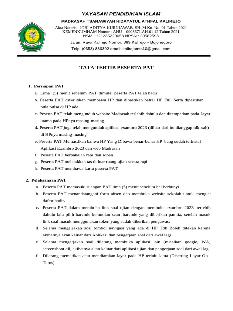 TATA-TERTIB-PESERTA-UJIAN-PAT-2023 | PDF