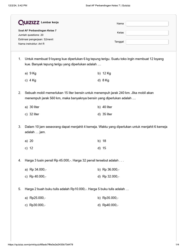 Soal AF Perbandingan Kelas 7 | PDF