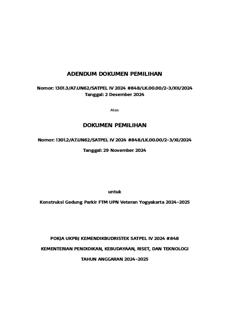 Adendum Pemilihan Konstruksi Parkir UPN | PDF