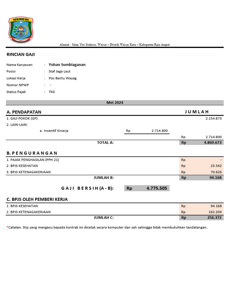Slip Gaji Yohan S-1 | PDF