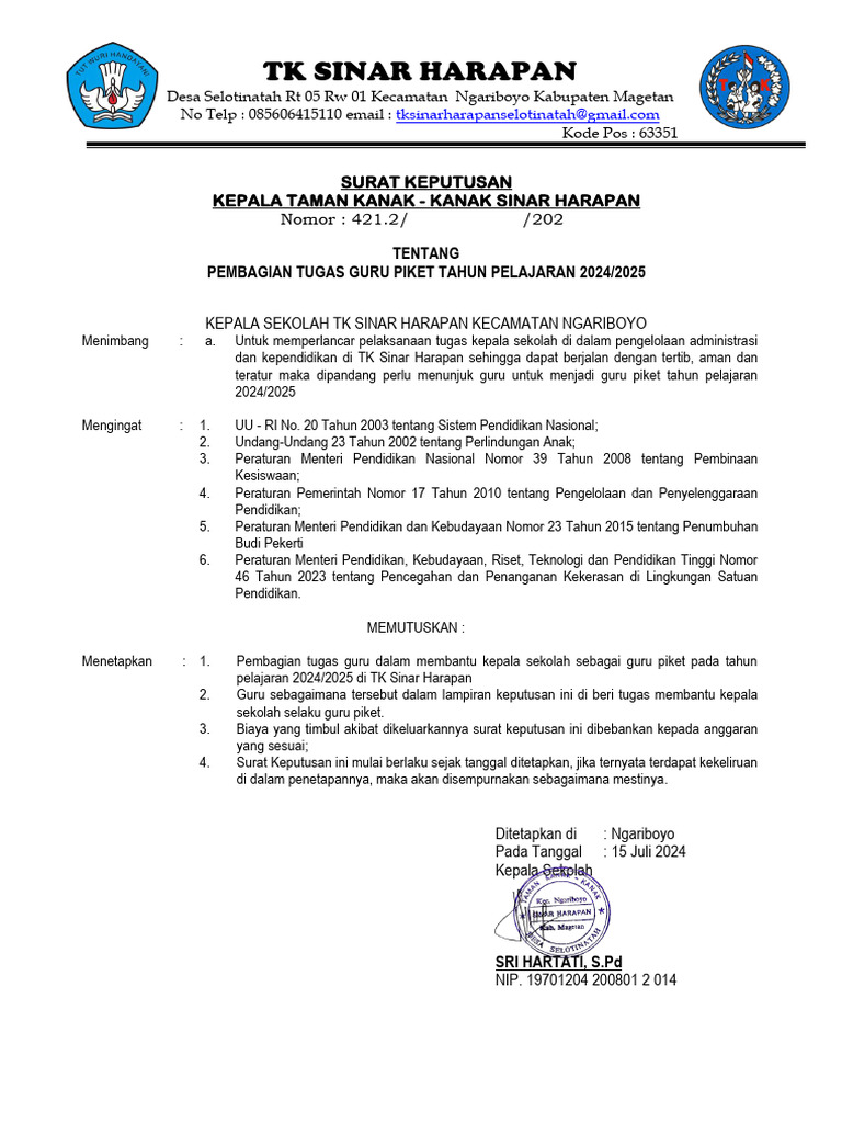 Bagi SK GURU PIKET - TK SINAR HARAPAN | PDF