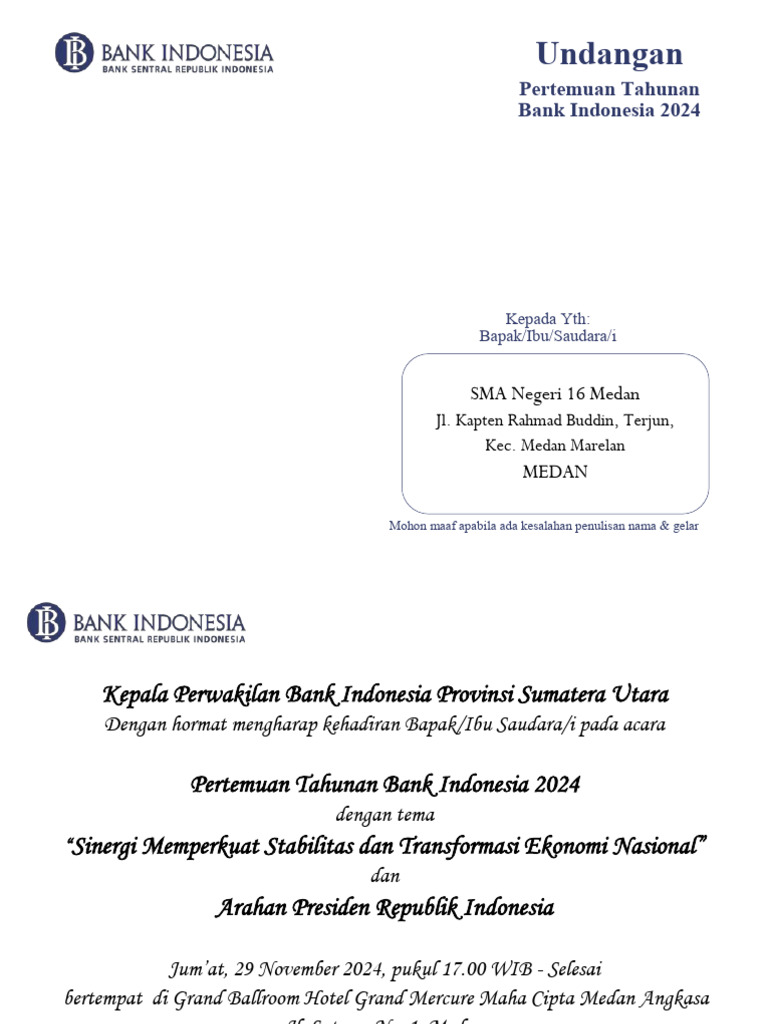 Undangan - PTBI 2024 - SMA Negeri 16 Medan | PDF