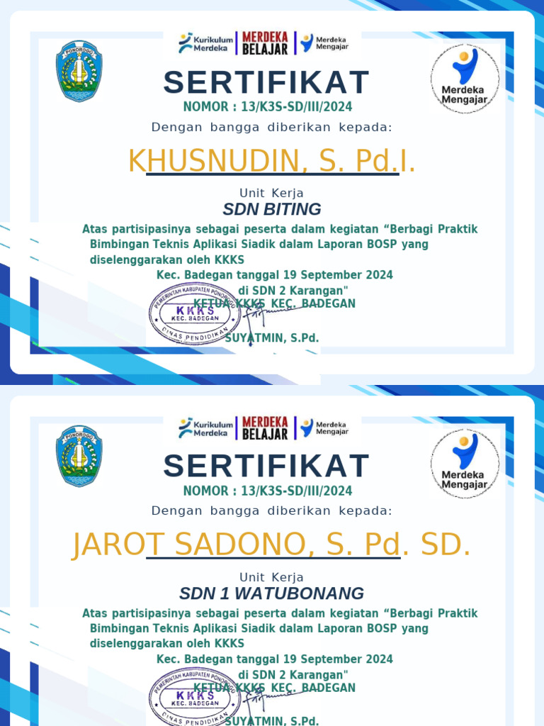 Sertifikat Berbagi Praktik Baik September 2024 P DIN | PDF