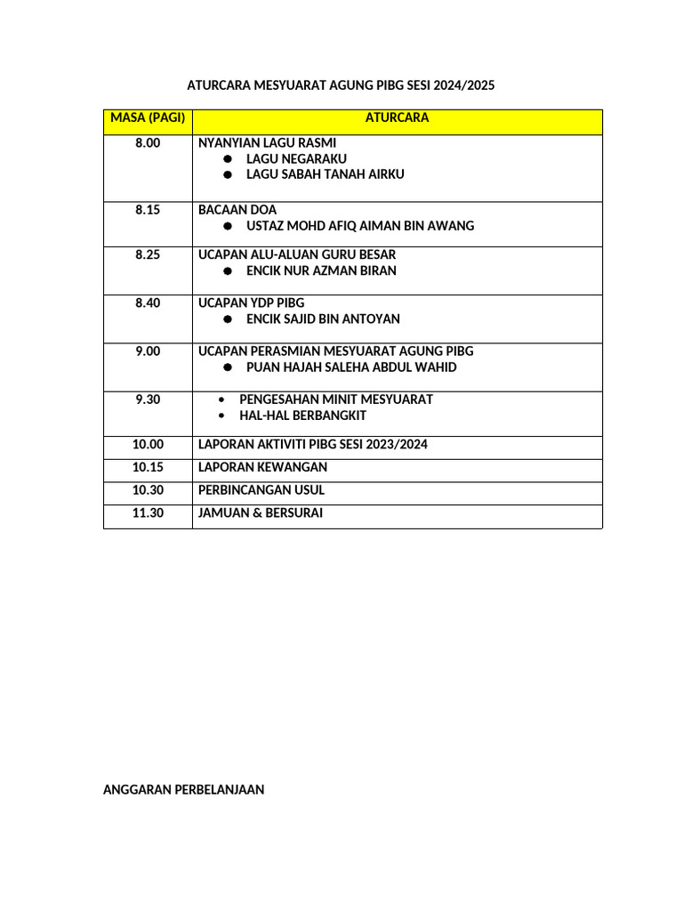 Aturcara Mesyuarat Agung Pibg Sesi 2024 2025 | PDF