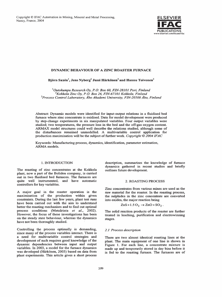 Dynamic Behaviour of A Zinc Roaster Furnace 2004 IFAC Proceedings Volumes | PDF | Water | Chemistry
