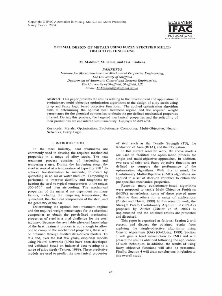 Optimal Design of Metals Using Fuzzy Specified Multi 2004 IFAC Proceedings | PDF | Fuzzy Logic ...