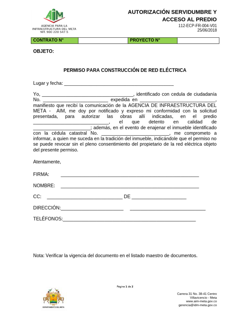 112-Ecp-Fr-004-V01-Autorización Servidumbre y Acceso Al Predio | PDF