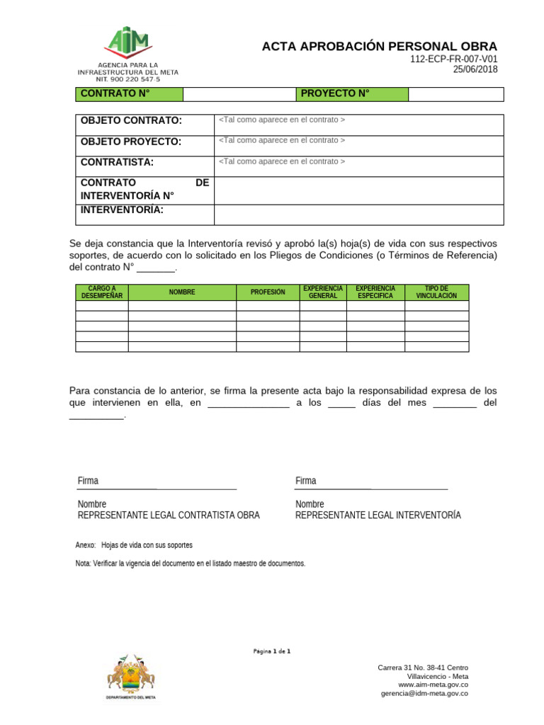 112-Ecp-Fr-007-V01-Acta Aprobación Personal Obra | PDF
