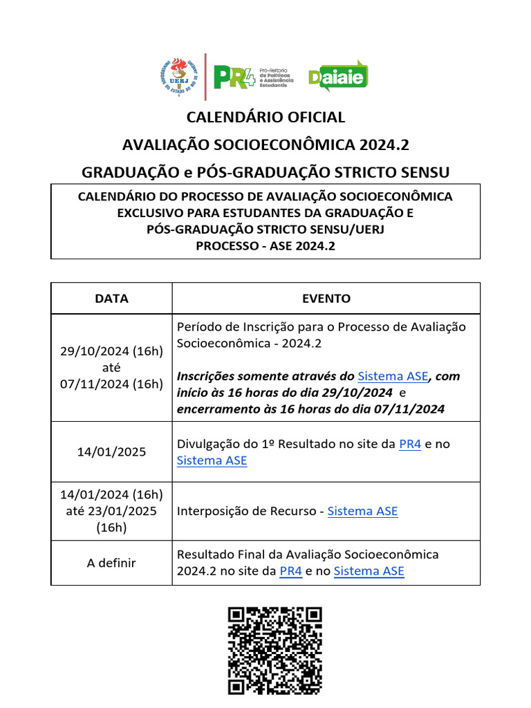 Calendário ASE 2024.2 UERJ | PDF