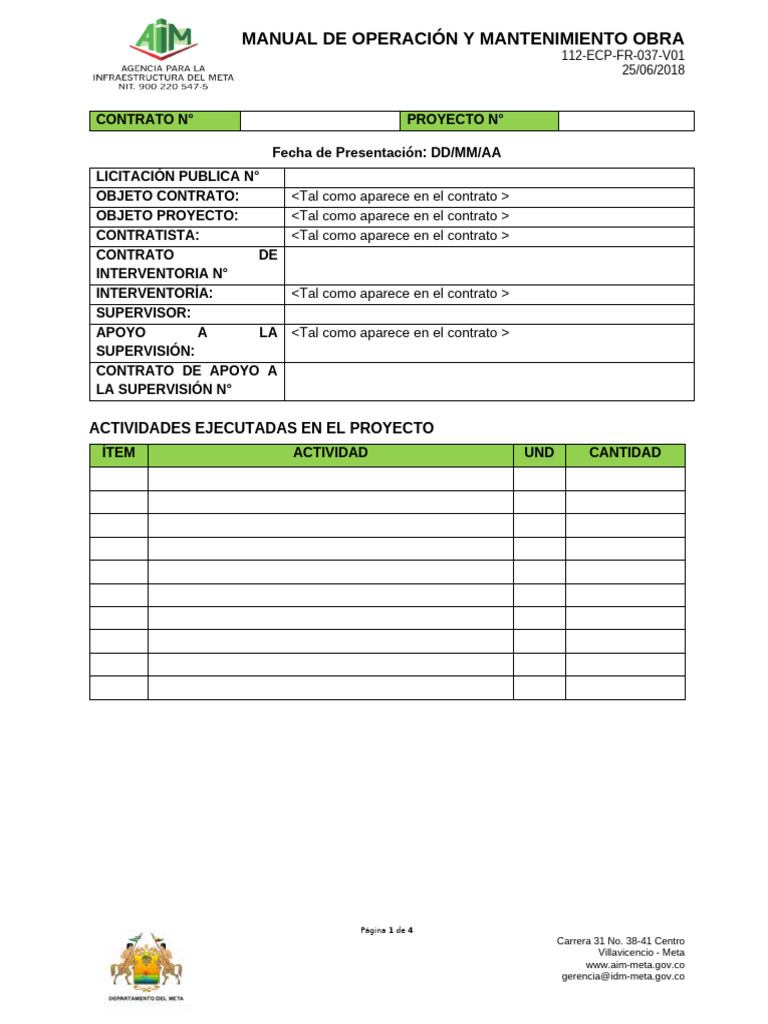 112-Ecp-Fr-037-V01-Manual de Operación y Mantenimiento Obra | PDF