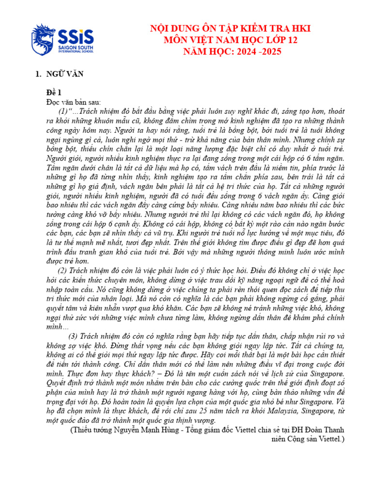 G12 Vietnamese Studies Exam Review 24-25 | PDF