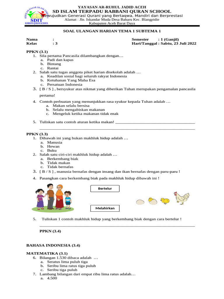 Soal UH Tema 1 Subtema 1 | PDF