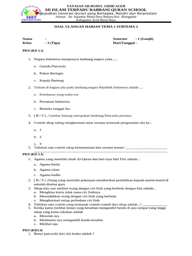 Soal UH Tema 1 Subtema 2 | PDF