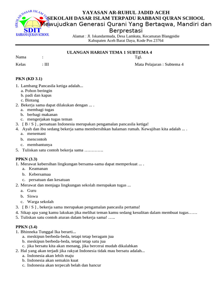 Soal UH Tema 1 Subtema 4 | PDF