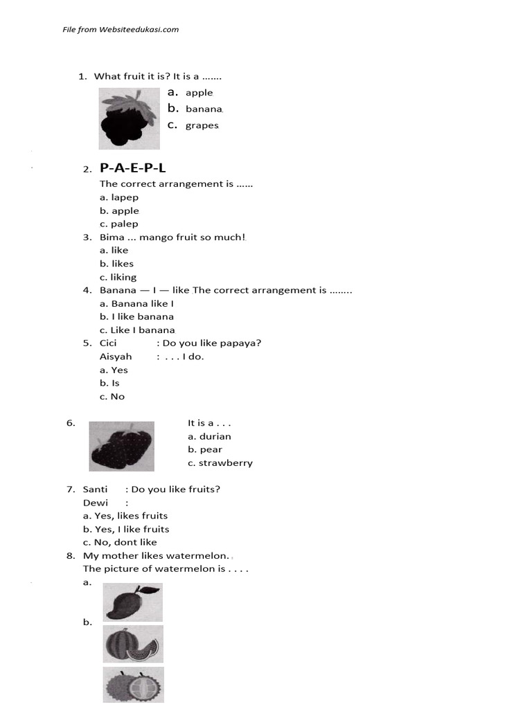 Fruit and Sentence Structure Quiz | PDF | Food Ingredients | Vegan Cuisine
