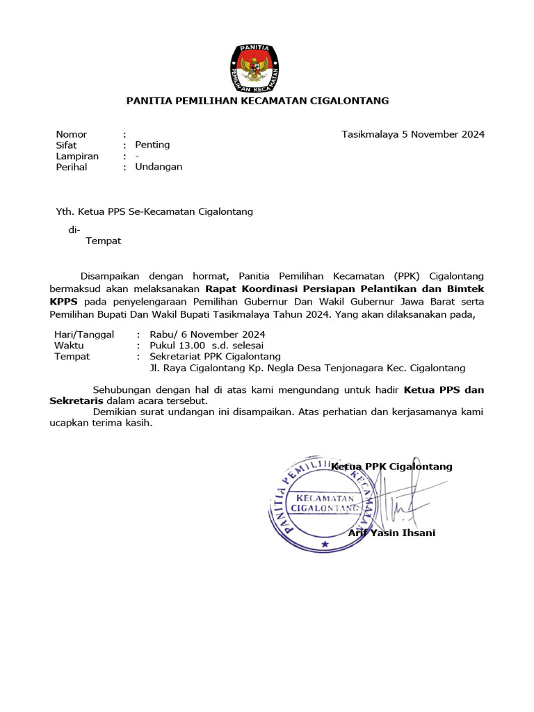 Surat Undangan Rakor PPS Dan Sekretaris 6 November 2024 | PDF