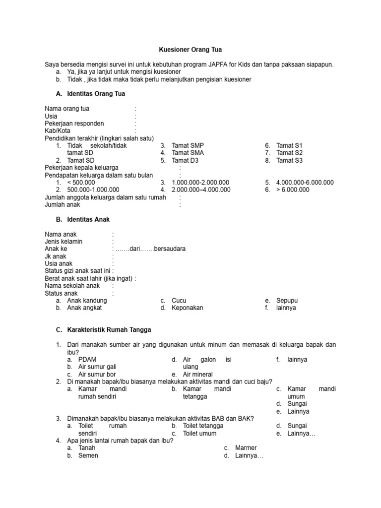 R2 Baseline Kuesioner Orang Tua.docx (1) | PDF