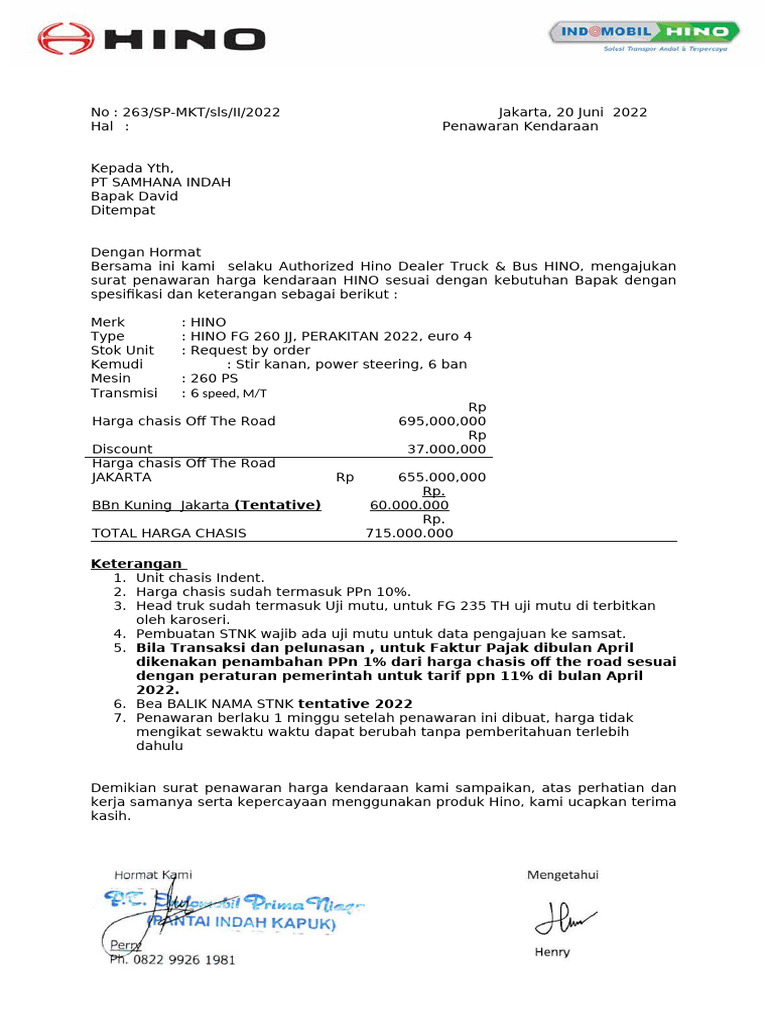Penawaran Kendaraan Hino | PDF