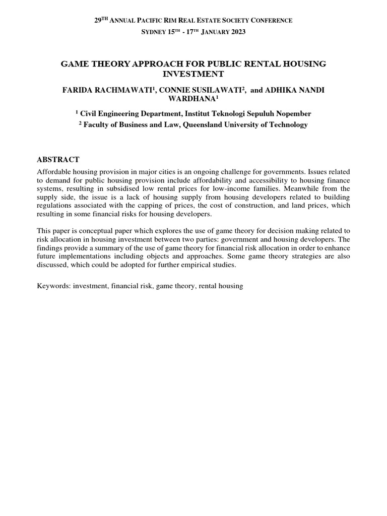 Game Theory Approach For Public Rental Housing Investment | PDF | Public Housing | Subsidy