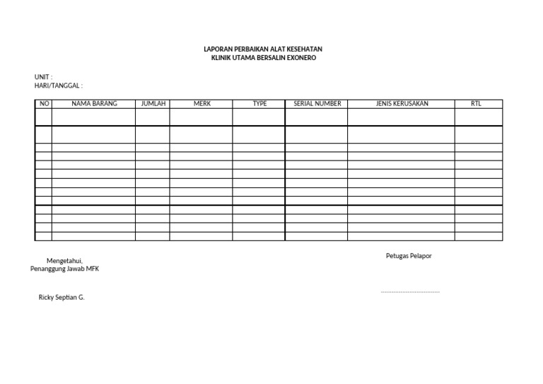 Form Laporan Perbaikan Peralatan Medis | PDF
