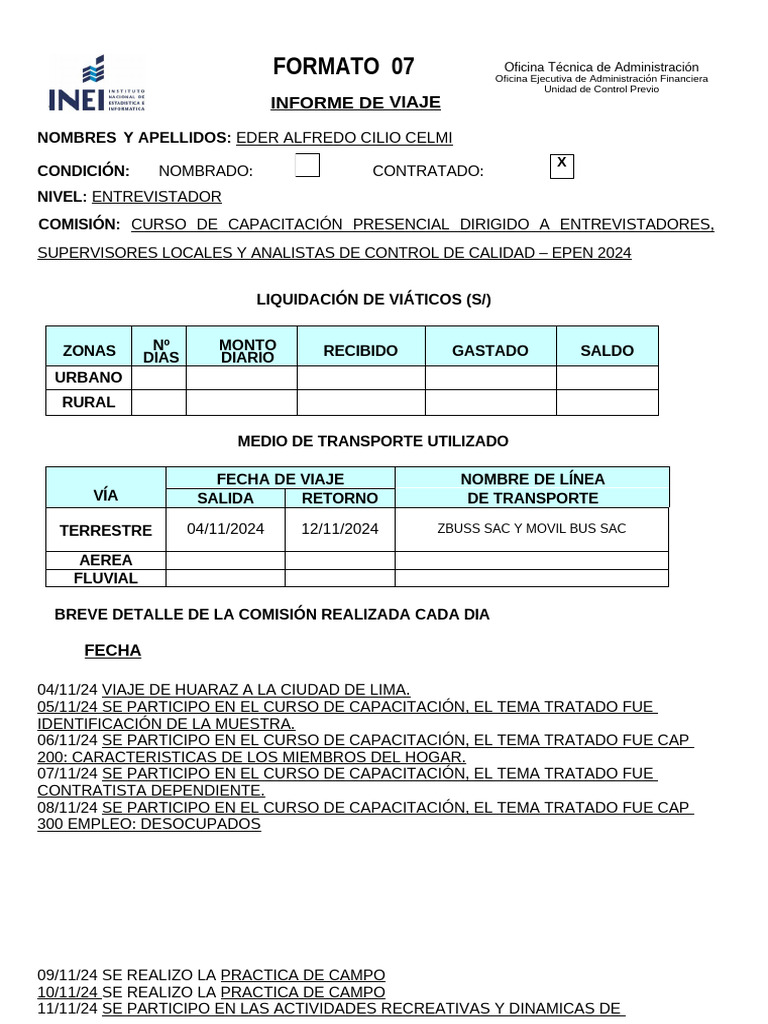 Formato_07_INFORME_VIAJE_VIATICOS_2024_PAO[1] | PDF
