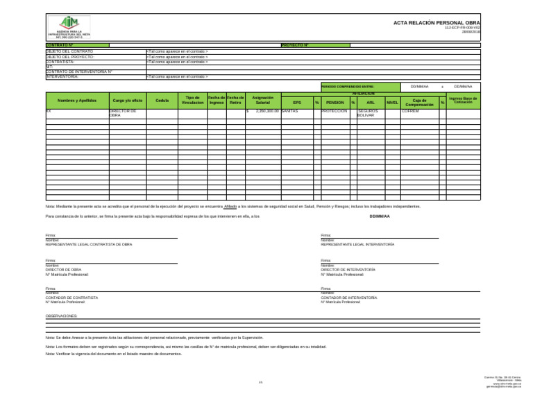 112 Ecp FR 008 v02 Acta Relación Personal Obra | PDF
