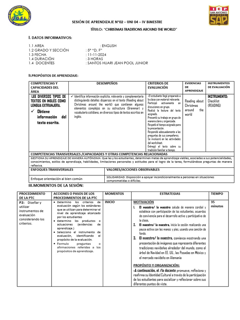 SESION 2 UNI 4 5 SEC PDF Evaluaci n Aprendizaje