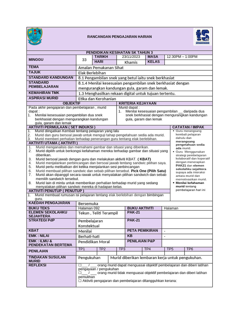 Rph Minggu 33 Pendidikan Kesihatan Thn 3 2023 by Cikgu Gorgeous | PDF